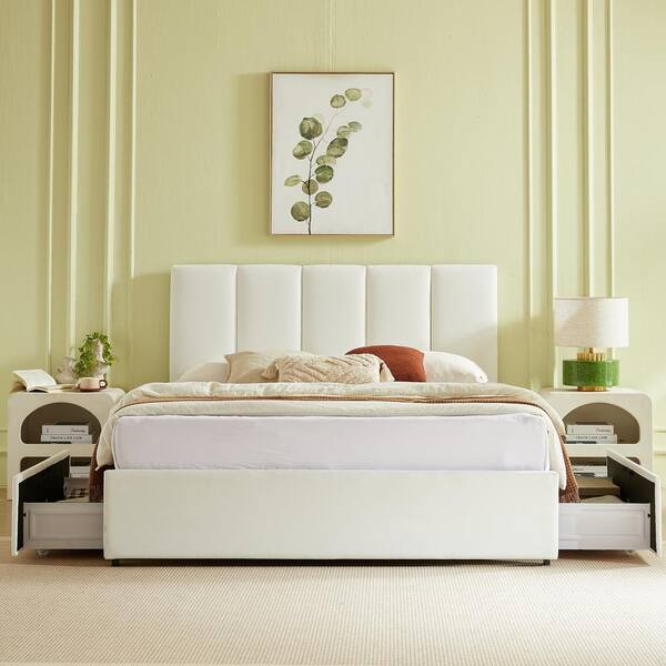 Ahokua White Plywood Frame Full Size Platform Bed with Storage Drawers BF 748F WH The Home Depot