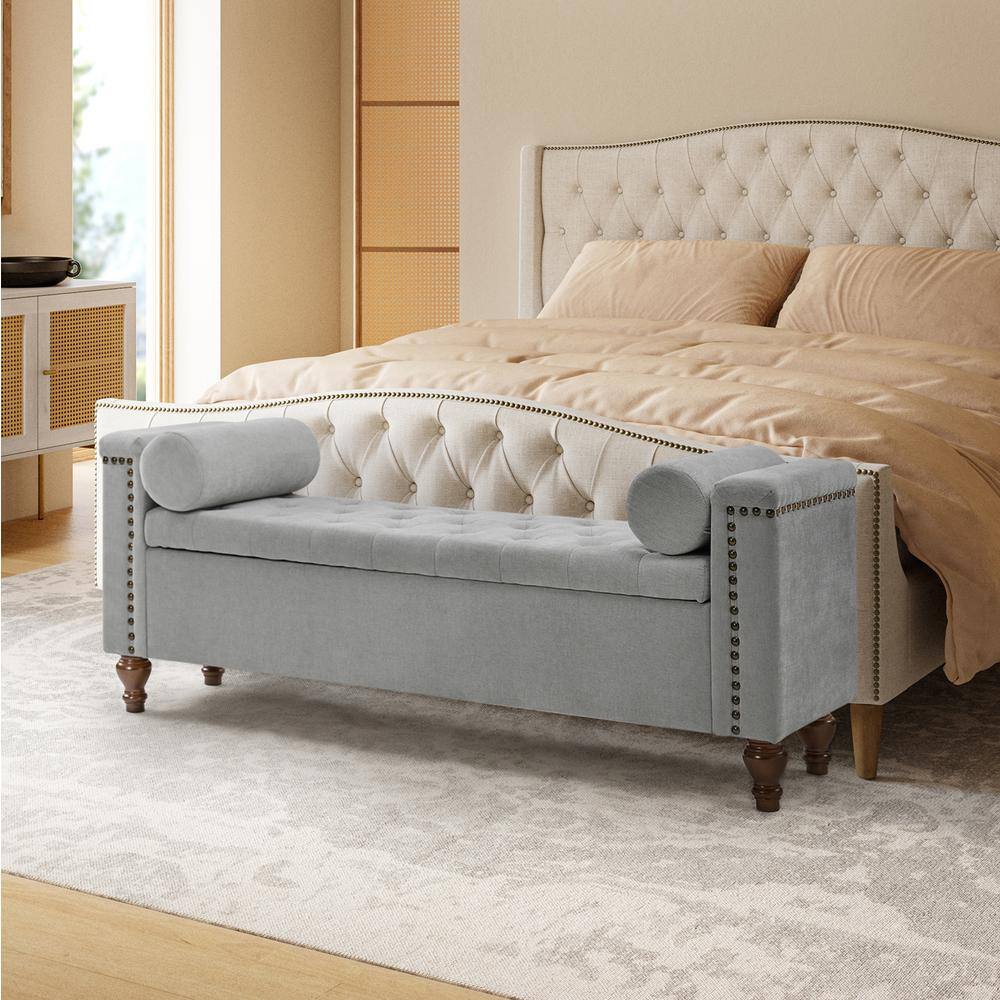 JAYDEN CREATION Rita Grey Storage Bench Backless with Circular Pillows ...