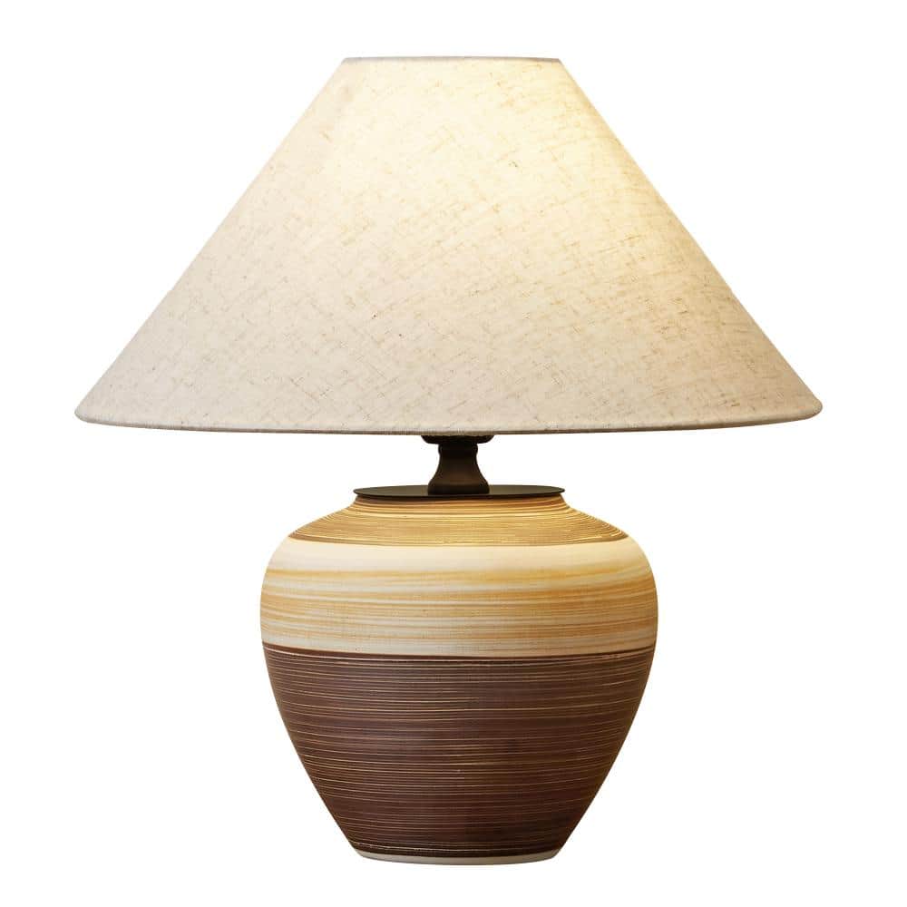 Deyidn 15.75 in. 1-Light Brown & Cream Striped Ceramic Table Lamp with ...