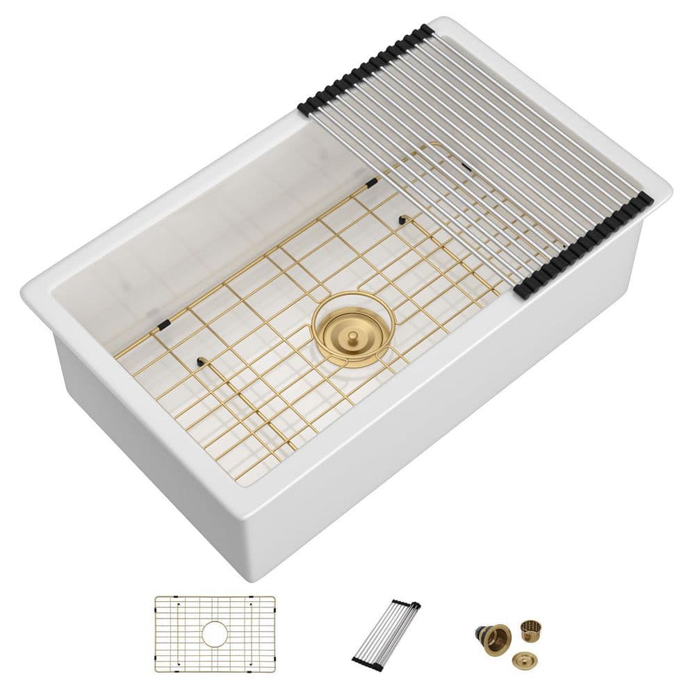 Dcolora 32 In. ‎Glossy White Porcelain Undermount Single Bowl Kitchen ...