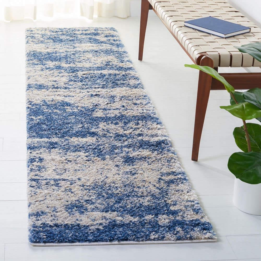 SAFAVIEH Berber Shag 2 ft. x 8 ft. Beige/Blue Distressed Solid Color ...