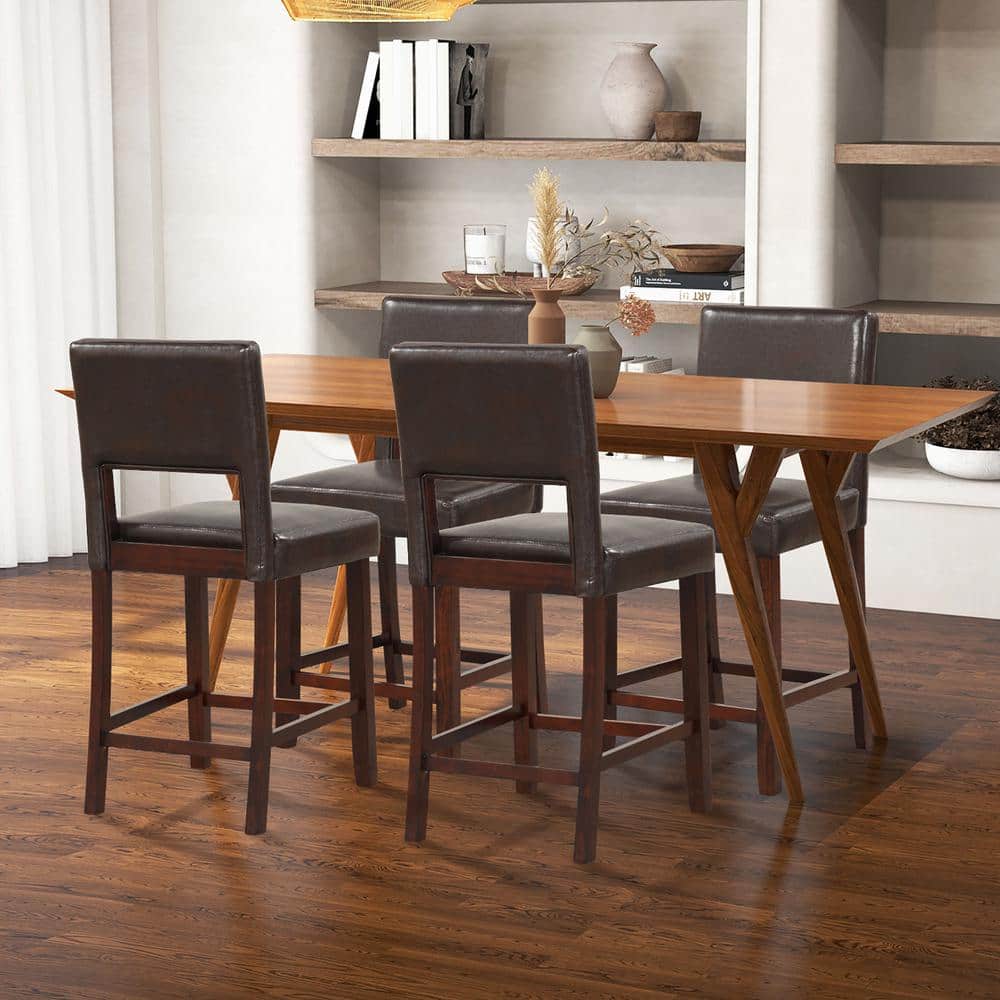 Gymax 4-Pcs 24.5 in. Brown PVC Leather Counter Height Bar Stool Set ...