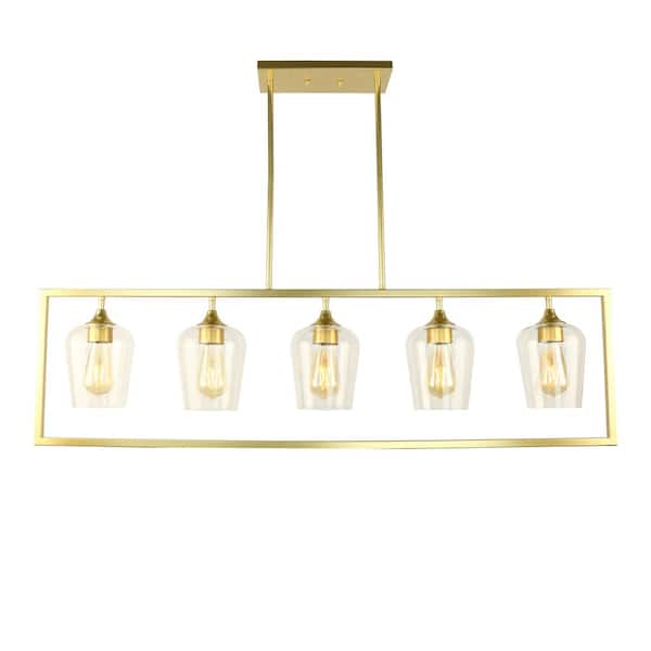 PUDO 46.75 in. 5-Light Gold Rectangle Pendant Light with Clear Glass ...