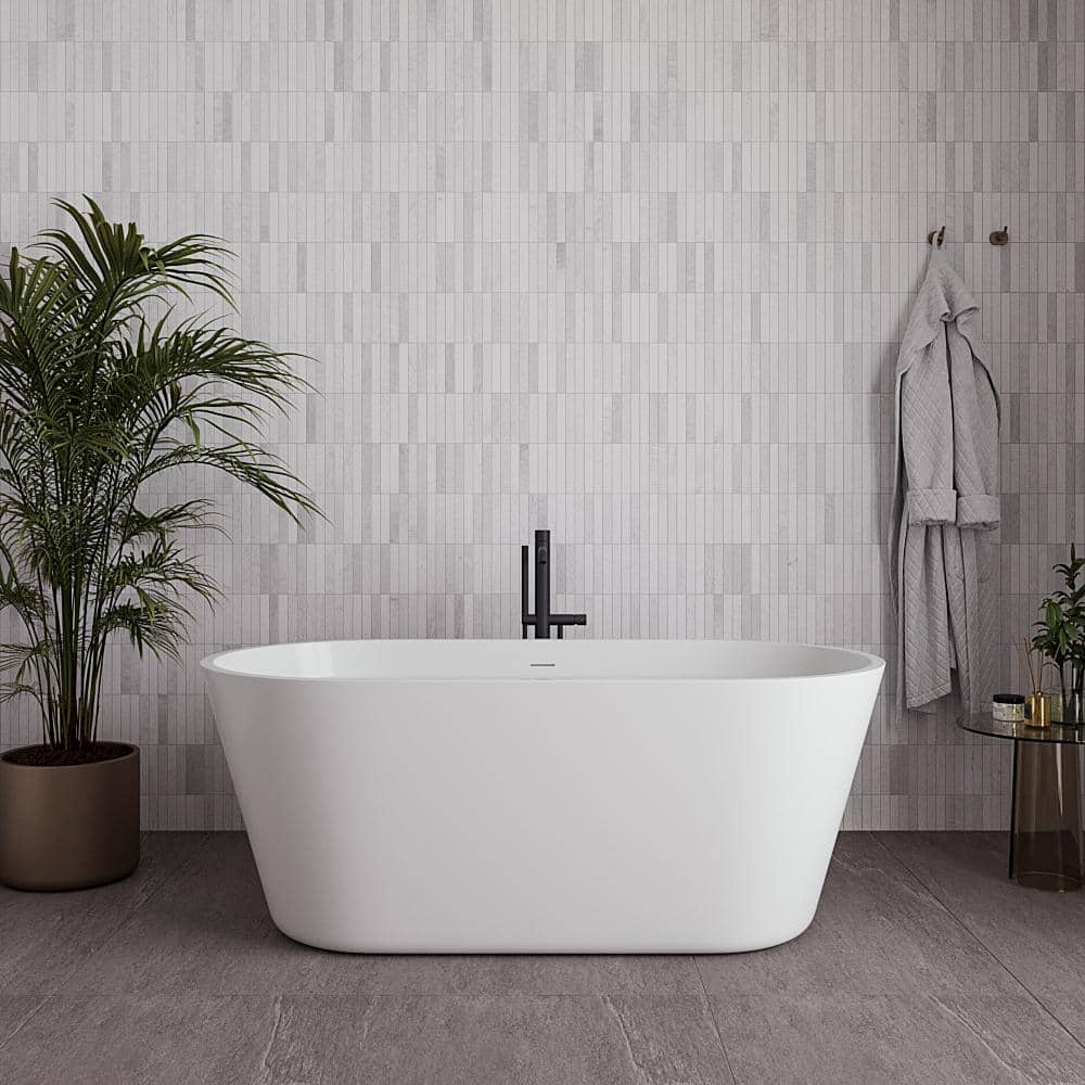 Streamline 59 in. x 30 in. Acrylic Freestanding Soaking Bathtub in Glossy White with Matte Black ...