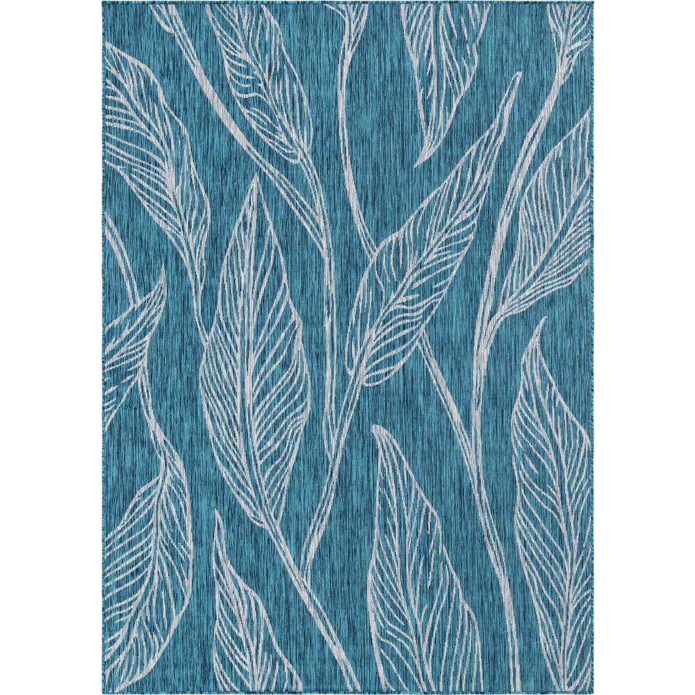 Unique Loom Outdoor Leaf Teal 7 ft. x 10 ft. Area Rug 3144927 - The ...