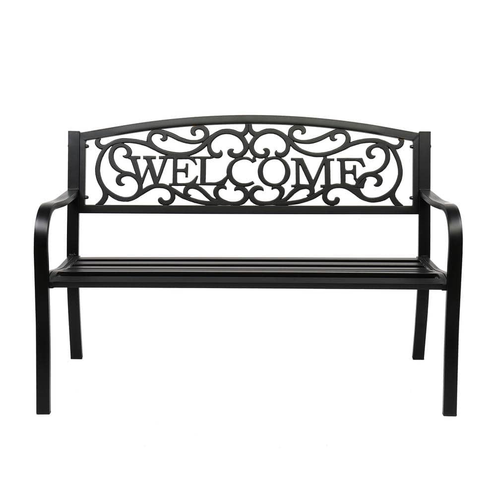 VINGLI 50 in. Patio Outdoor Metal Welcome Bench, Powder Coated Cast ...