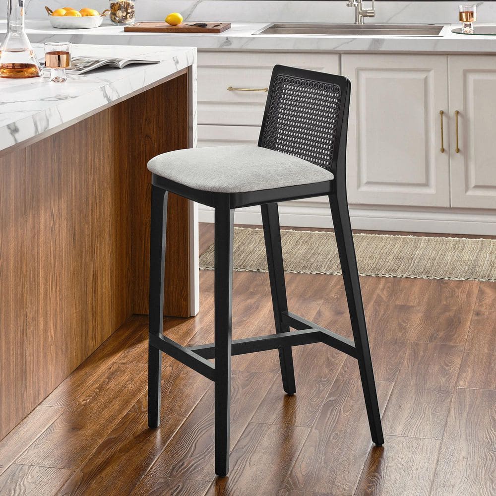 MODWAY Monarch Wood Bar Stool with Cane Rattan Back and Padded Seat in ...