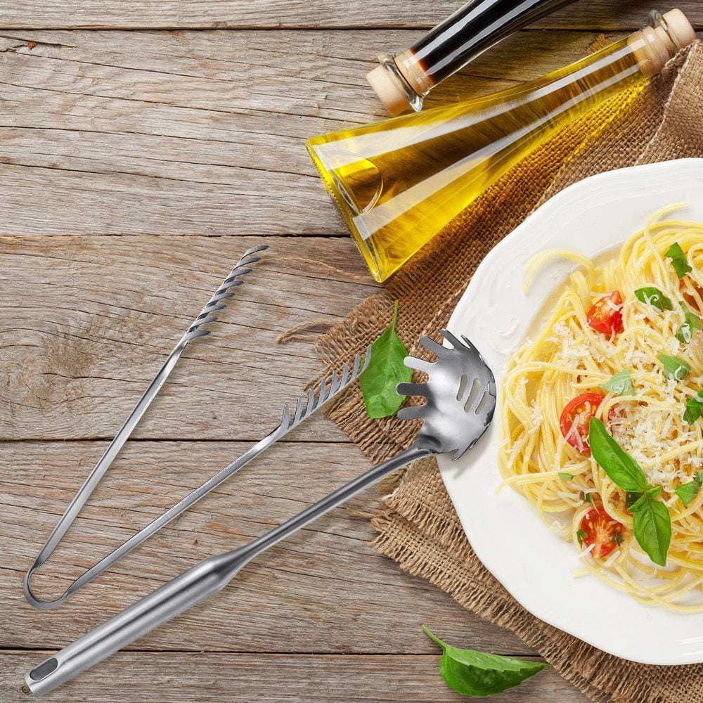 Anqtovp Silver Pasta Spoon with Teeth and Large Spaghetti Tong Set 13.6 ...