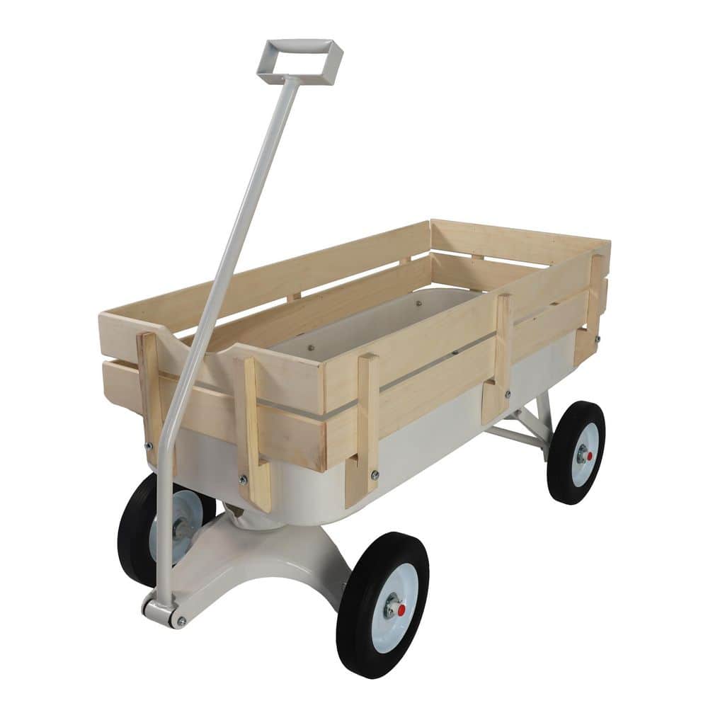 8 in. Dia Outdoor White Wood All Terrains Garden Cart with Stake Sides ...
