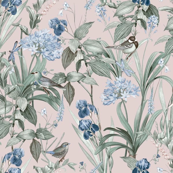 Veer Decor Mint Birds and Dragonflies Botanical Dust Pink Ground ...