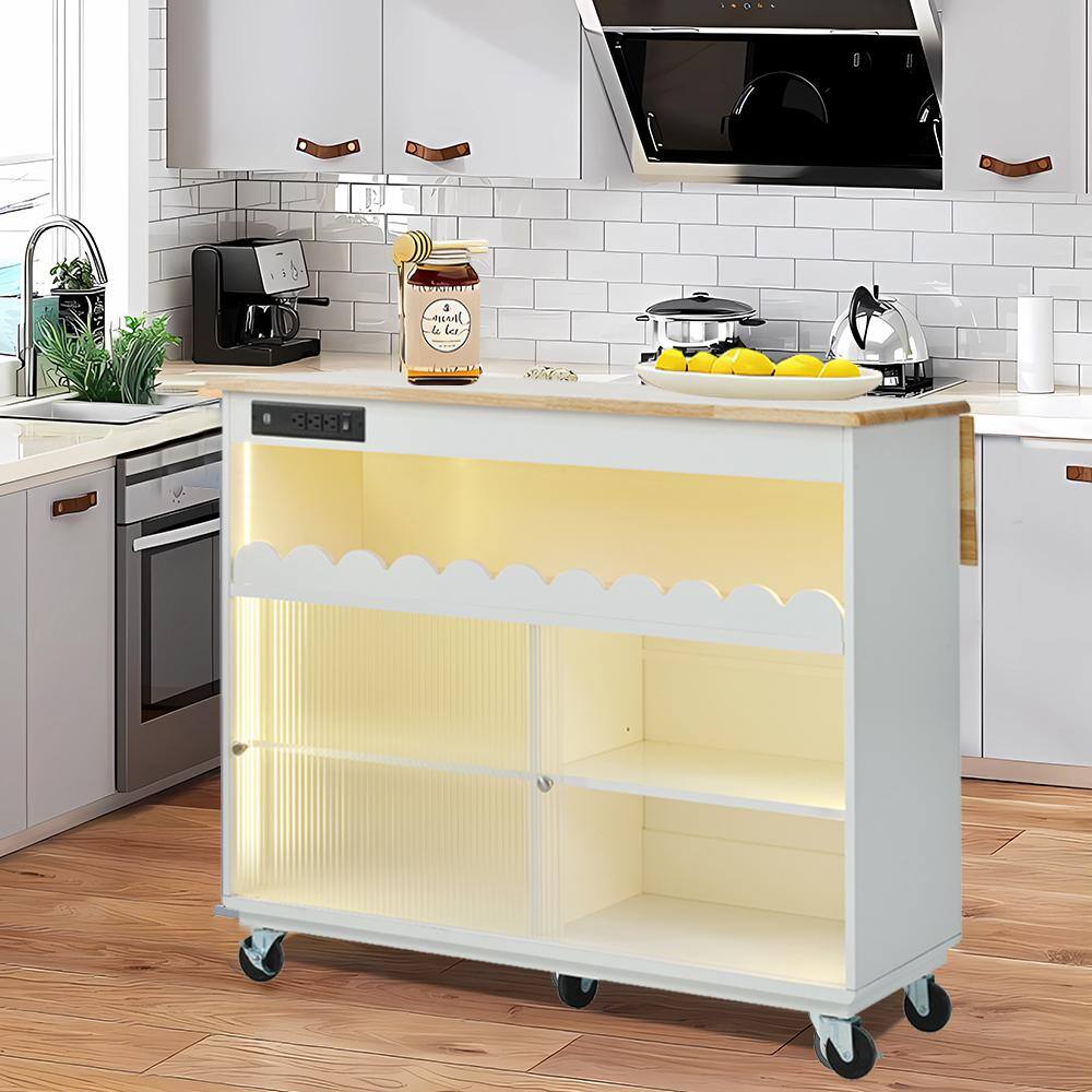 LED Rolling White Wood 44.02 in. Kitchen Island with Power Outlets and ...