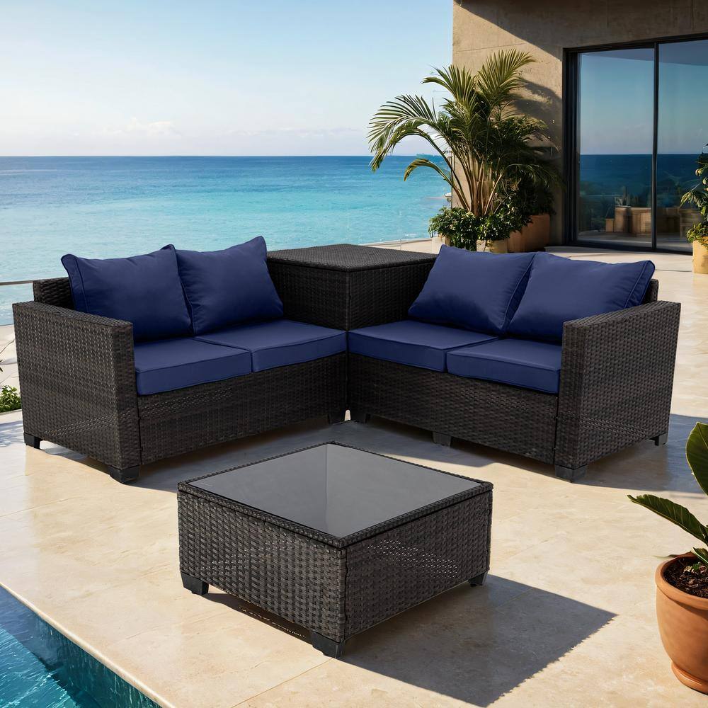 4-Pieces Brown Wicker Outdoor Sectional Set with Dark Blue Cushions and ...