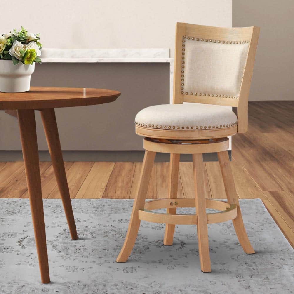 Benjara 32.5 in. Ivory Low Back Wood Frame Bar Stool with Fabric Seat ...
