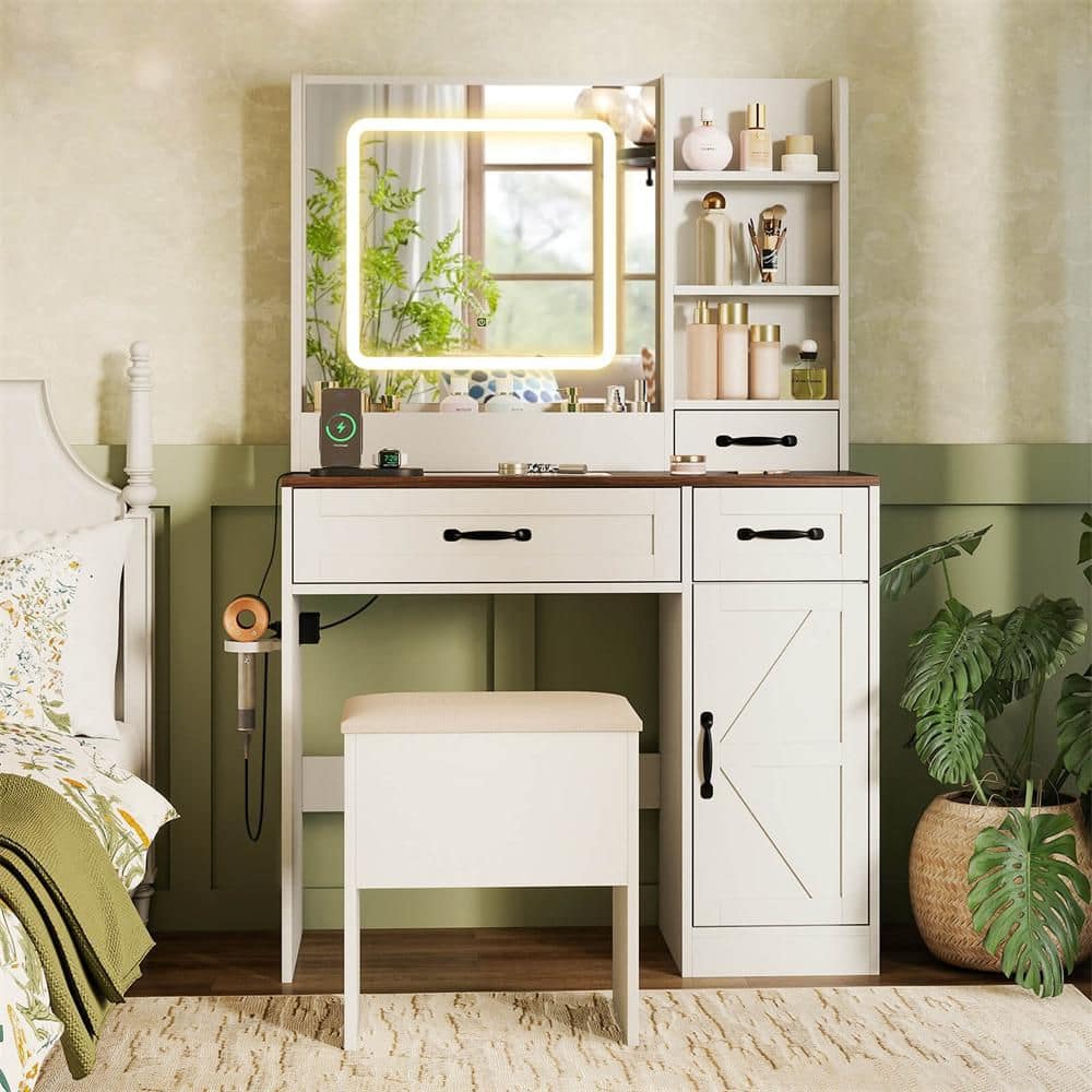 Costway 2-Piece White and Walnut Makeup Vanity Set with Mirror and ...