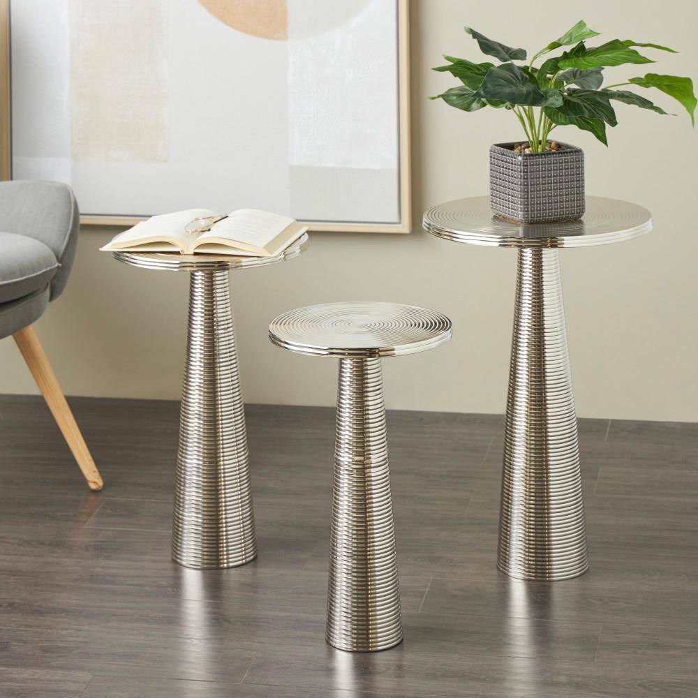Litton Lane 16 in. Silver Ridged Cone Metal End Table with Layered Ring ...