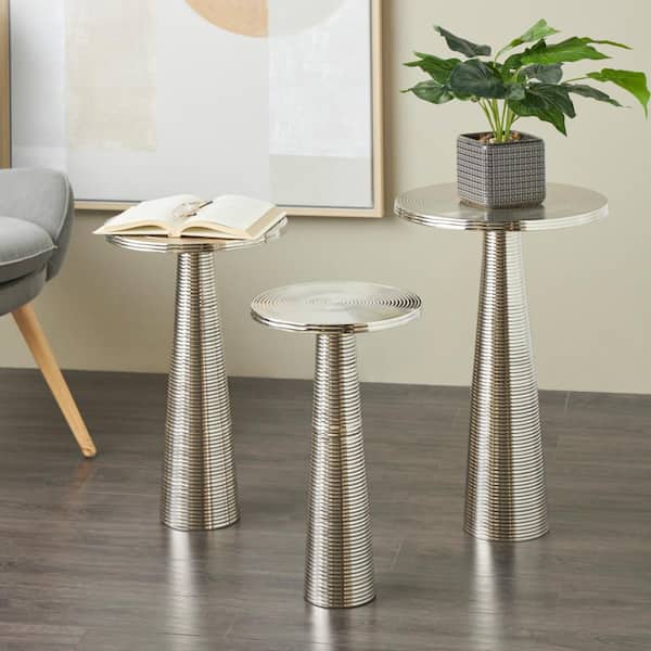 Litton Lane 16 in. Silver Ridged Cone Metal End Table with Layered Ring ...
