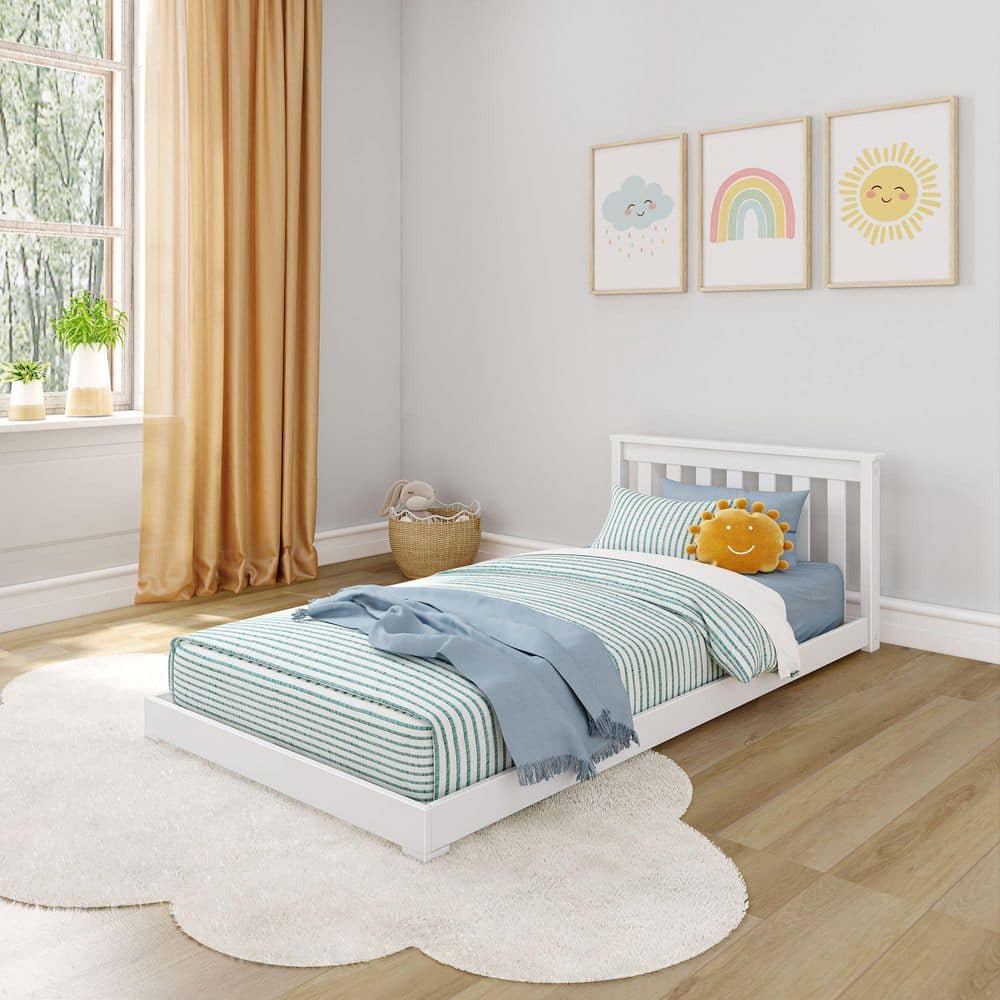 Max & Lily Classic White Twin Floor Bed with Slat Headboard 180200-002 ...