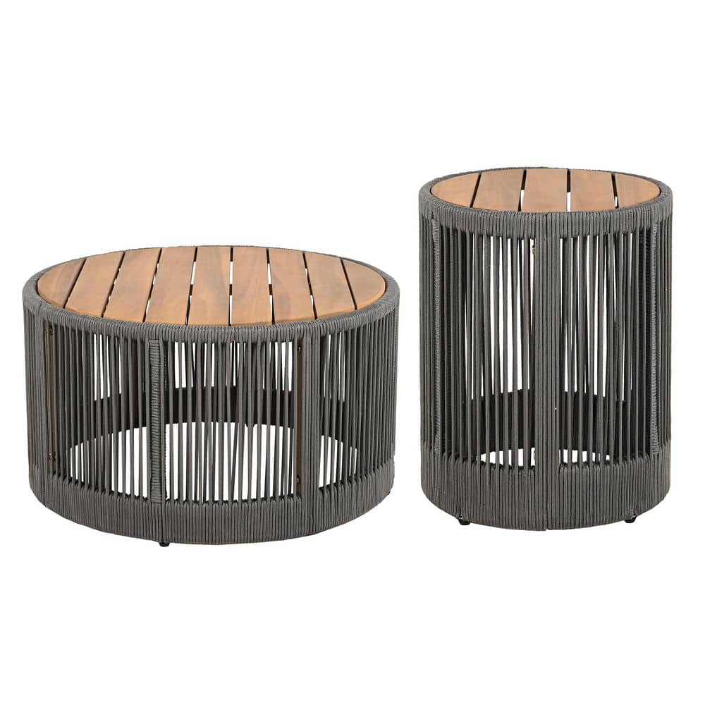 Zeus & Ruta 26 in. Gray Round Outdoor Rattan Acacia Wood Coffee Table ...