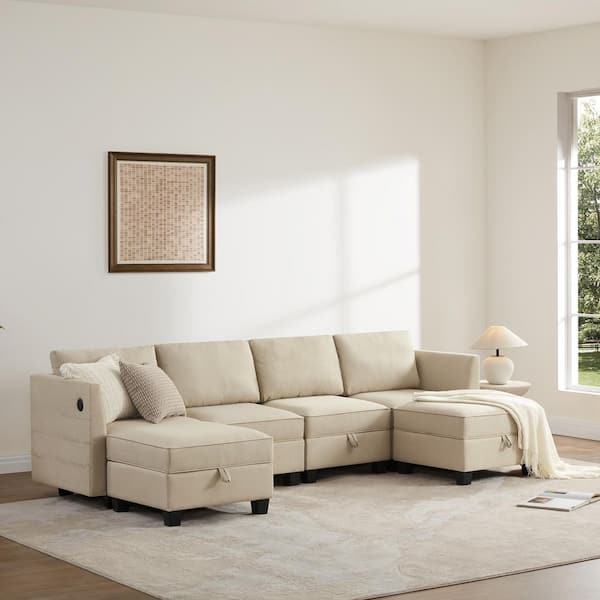 Spruce & Spring Dante 112 in. 6 PC Fabric Sectional Sofa in Beige with Storage Space,Pocket,USB ...