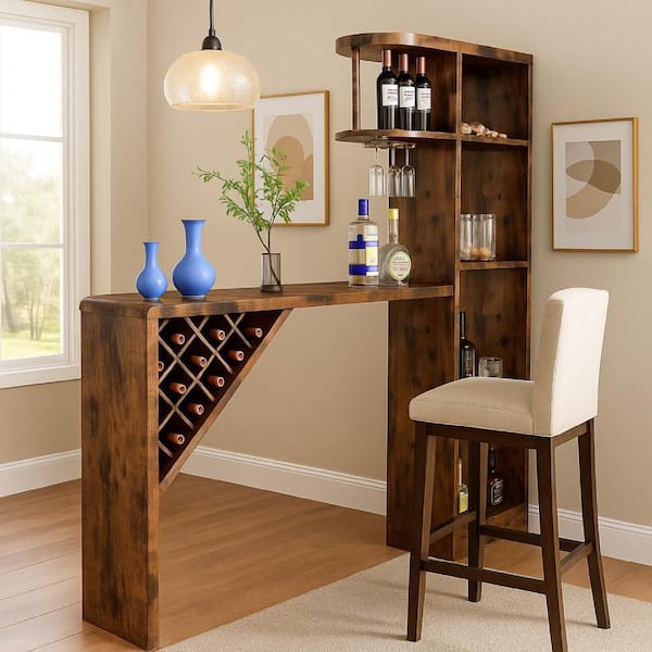 Benjara Bar 72.5 in. H Brown and Metal Rectangular Bar Table Seats 6 ...