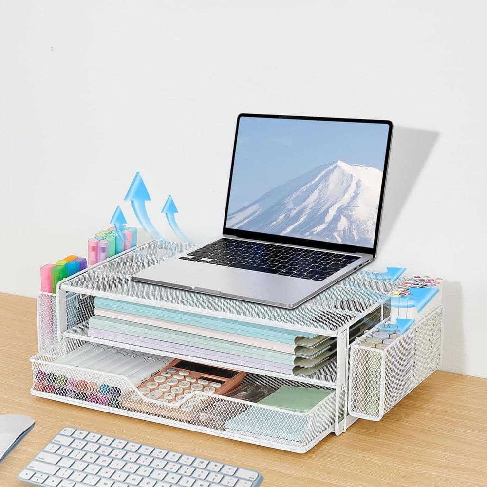 White 15.7 in. x 5 in. Metal Modern Desk Organizer Stand with Drawer ...