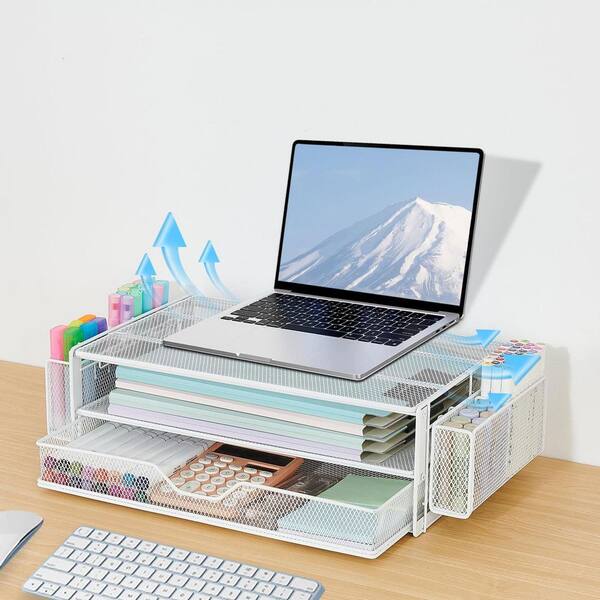 White 15.7 in. x 5 in. Metal Modern Desk Organizer Stand with Drawer ...