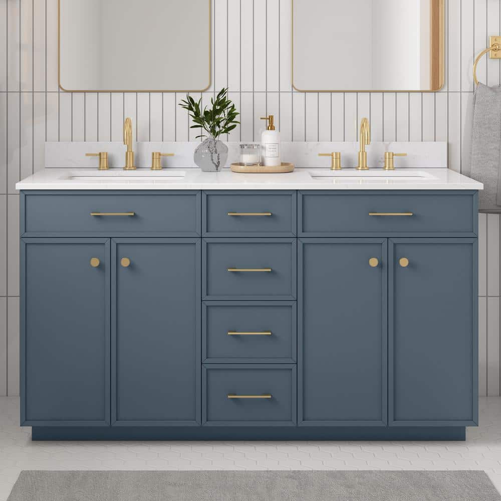 Glacier Bay Marcote 60 in. Double Sink Freestanding Slate Blue Bath Vanity with Venato ...