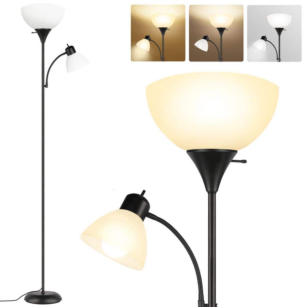 BICIK 71 in. Black 2-Light Torchiere Floor Lamp with 2 White Acrylic ...