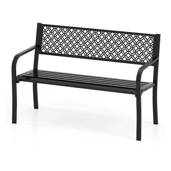 50 in. W Black Metal Outdoor Garden Bench with Slat Backrest D0F3TKXJF8 ...
