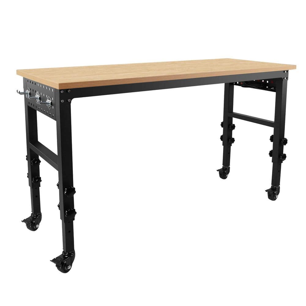 60 in. Adjustable Rolling Workbench-Wood Top Work Table with USB Ports ...