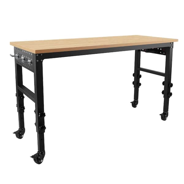 60 in. Adjustable Rolling Workbench-Wood Top Work Table with USB Ports ...