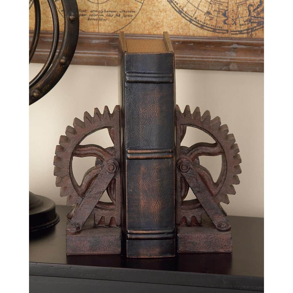 Litton Lane Brown Polystone Gear Bookends (Set of 2) 55642 - The Home Depot