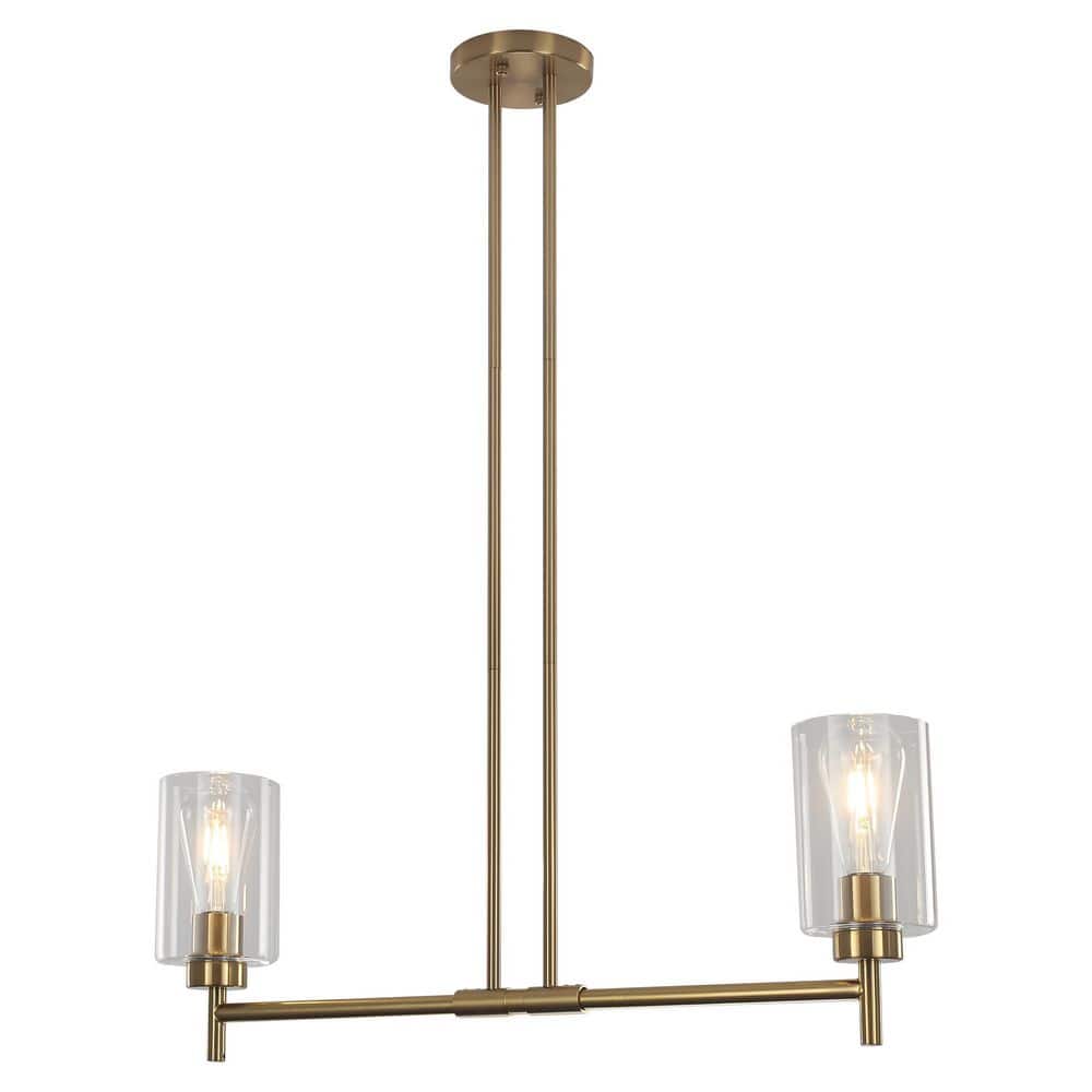 ZJVAIVE 2-Light Golden Industrial Linear Chandelier with Glass Shades ...