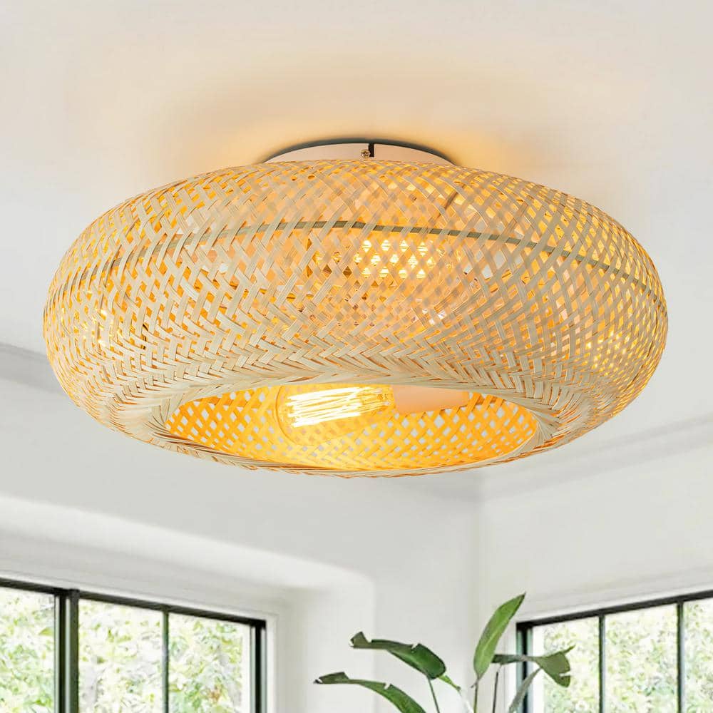Rennnsan Wayne 19.3 in. 4-Light Indoor Boho Caged Flush Mount Bamboo ...