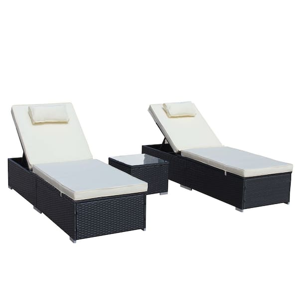 3-PCS Metal Outdoor Chaise Lounge Reclining Lounge Chair with Beige ...