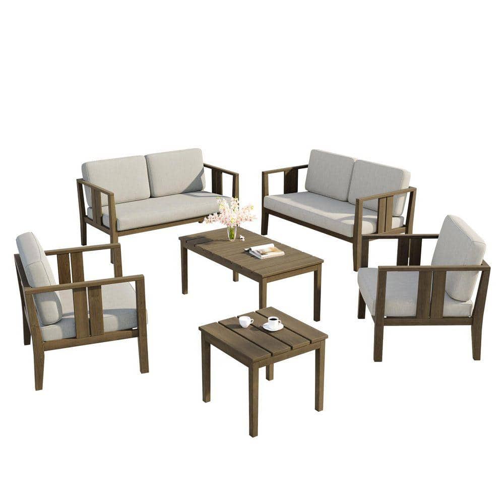 Uixe 6-Piece Brown Teak Patio Conversation Set with Light Camel ...