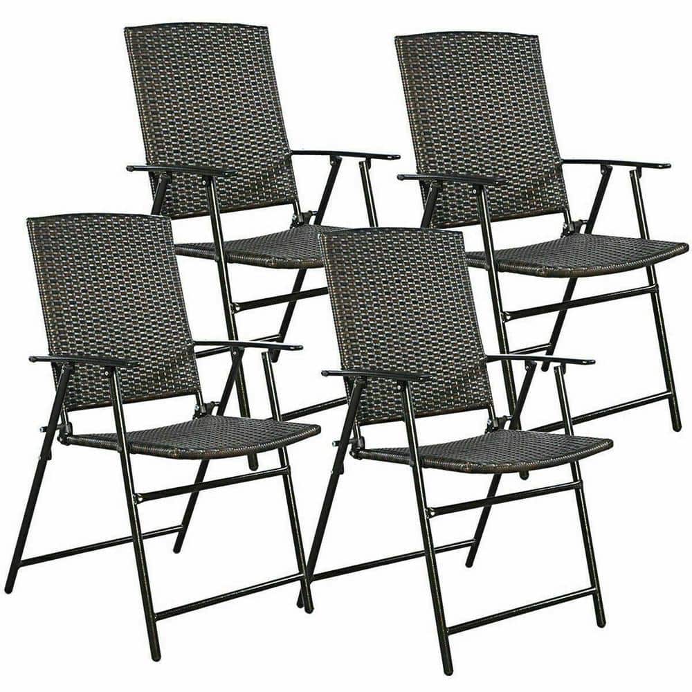 Gymax Folding Rattan Chair Brown 4 PCS Outdoor Indoor Furniture ...