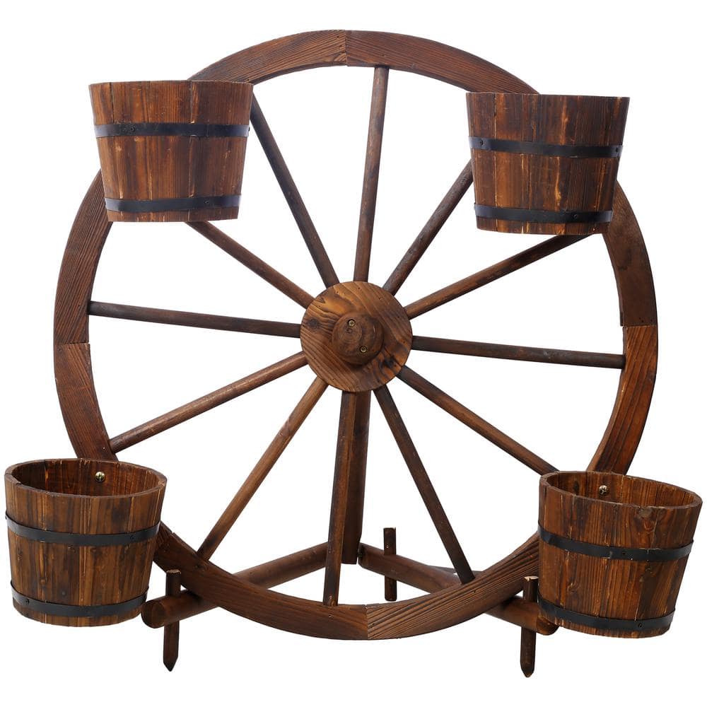 Siavonce Brown Wood Wagon Wheel Barrel Planter, Wagon Wheel Barrel ...