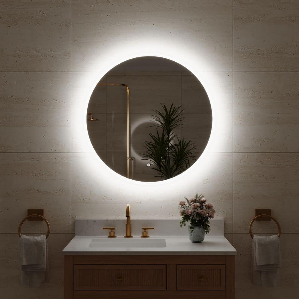 ANGELES HOME 32 in. W x 32 in. H Round Framed LED Wall Bathroom Vanity ...
