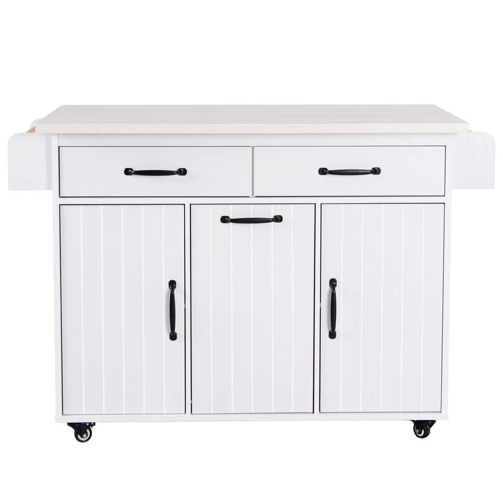 White Wood 51.06 in. Kitchen Island with Trash Can Storage Cabinet ...