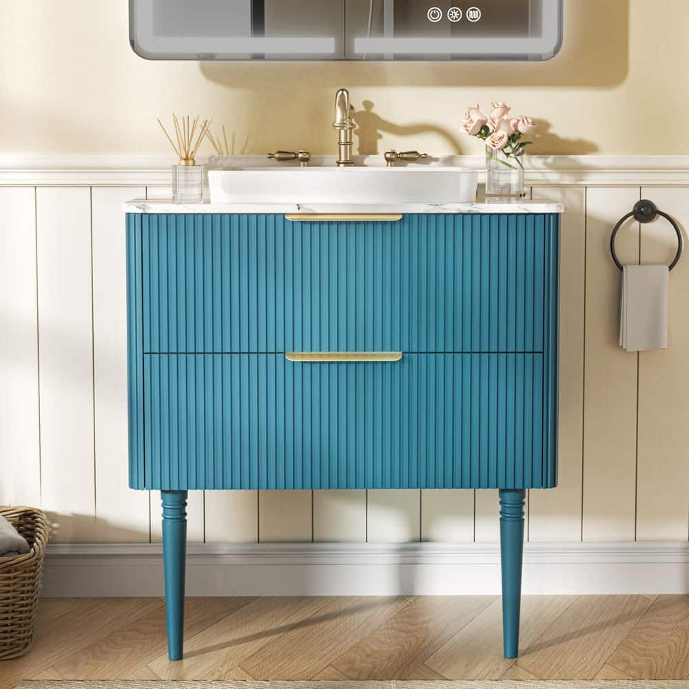 FAMYYT 30 in. W Bath Vanity in Aqua Blue with White Cultured Marble Top ...