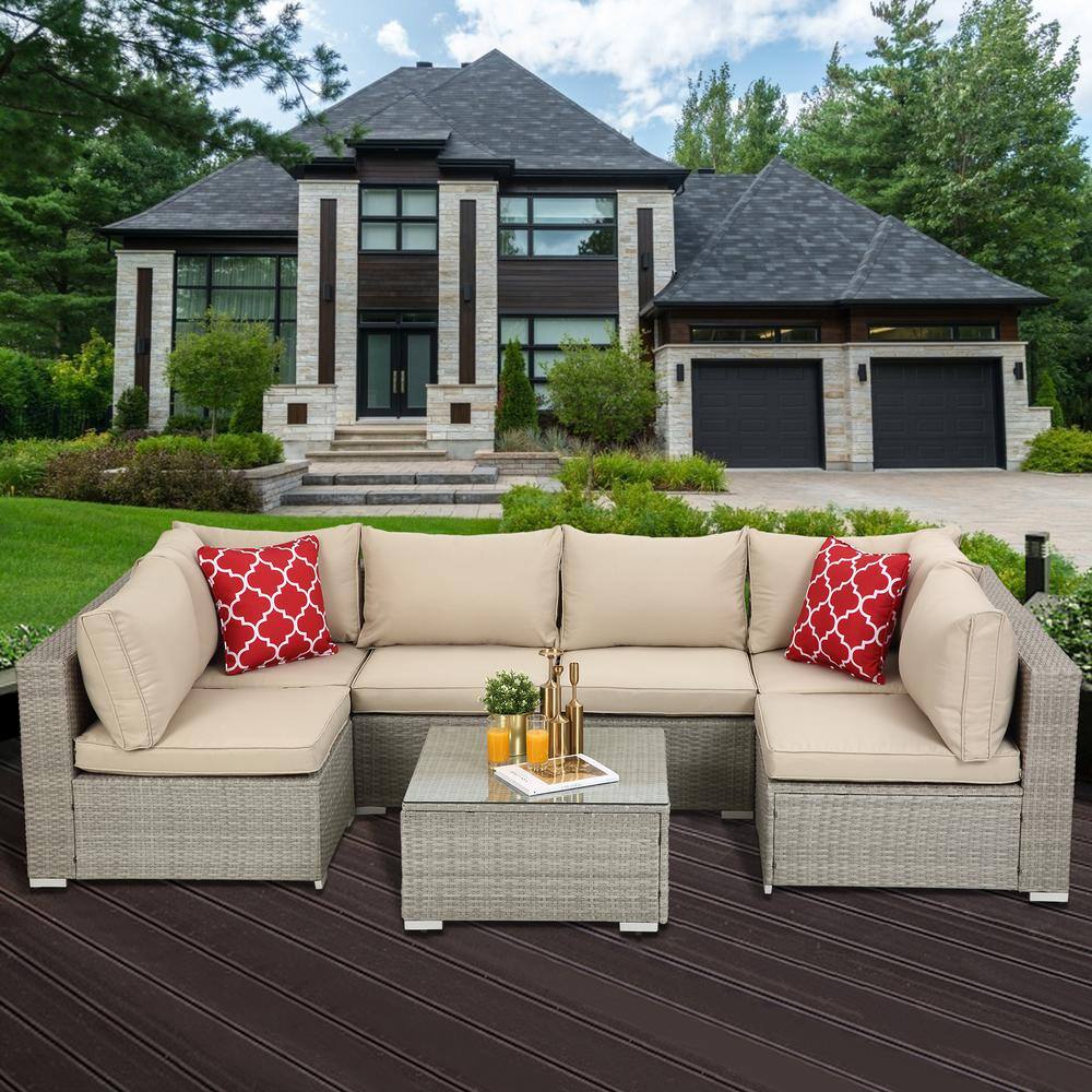 SunFurnn Light Grey 7-Piece Wicker Modular Outdoor Sectional Patio ...