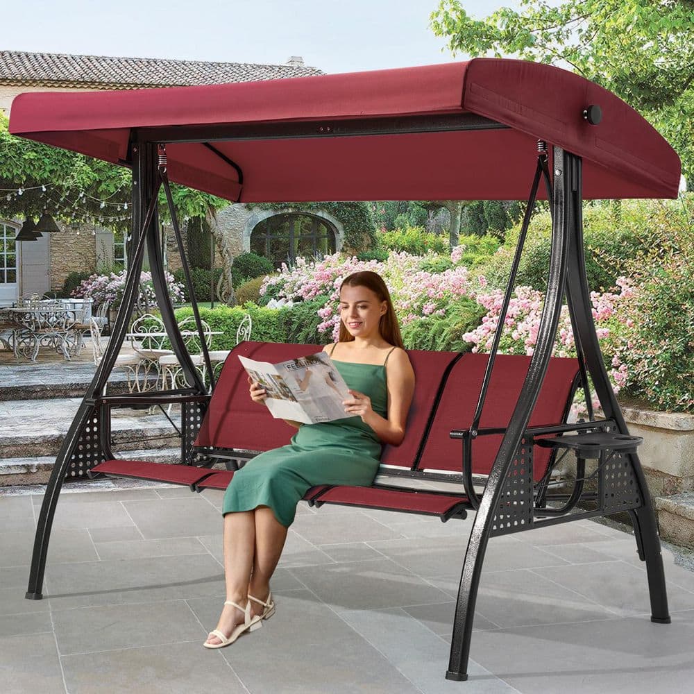 3-Person Square Tube Metal Red Patio Swing Adjustable Canopy for ...