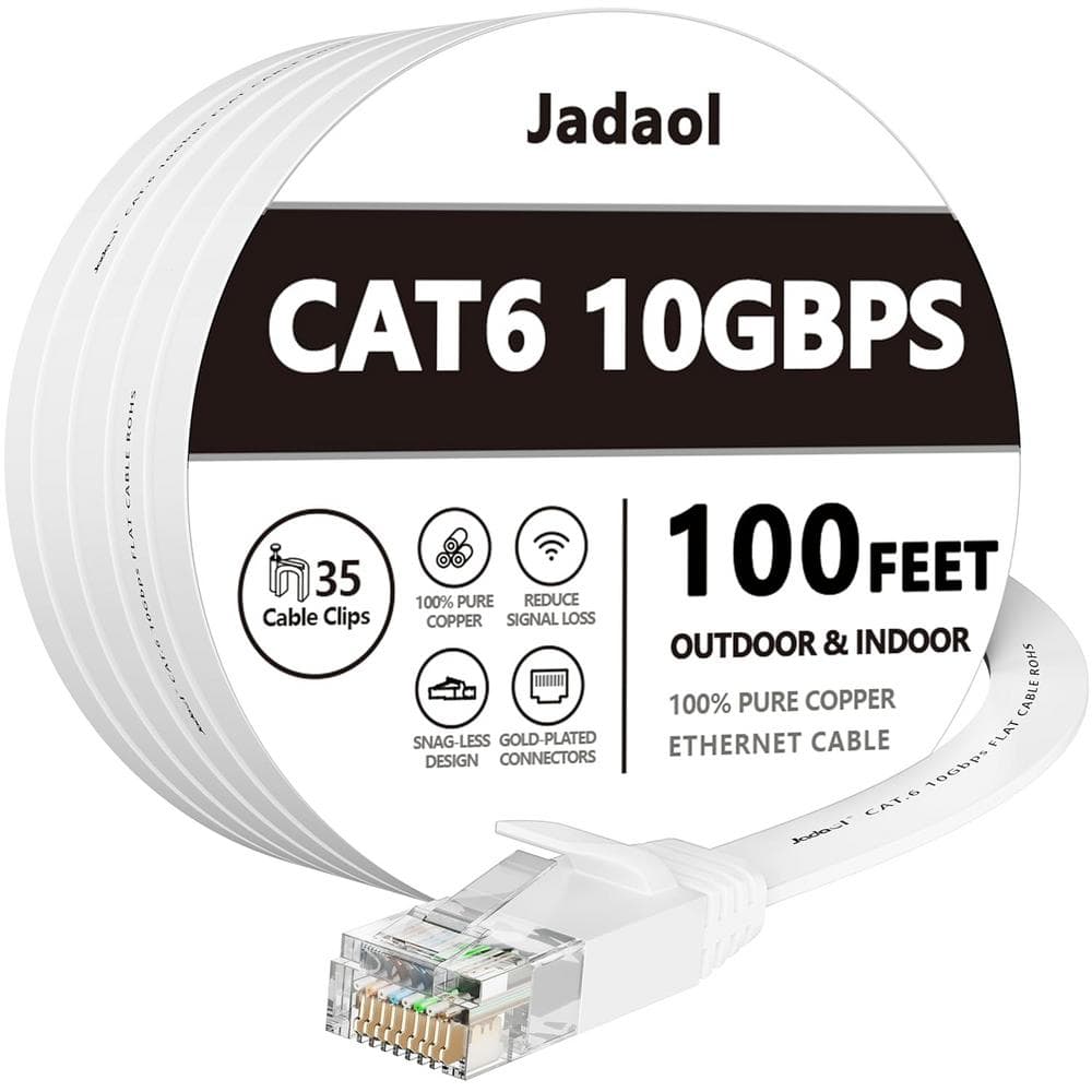 Lukyamzn 100 ft. Cat 6 Unshielded Gold Plated Flat Ethernet Cable - White PH00727B120 - The Home ...