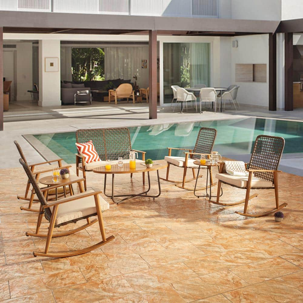 Patio Festival 8-Piece Metal Patio Conversation Set with Beige Cushions ...