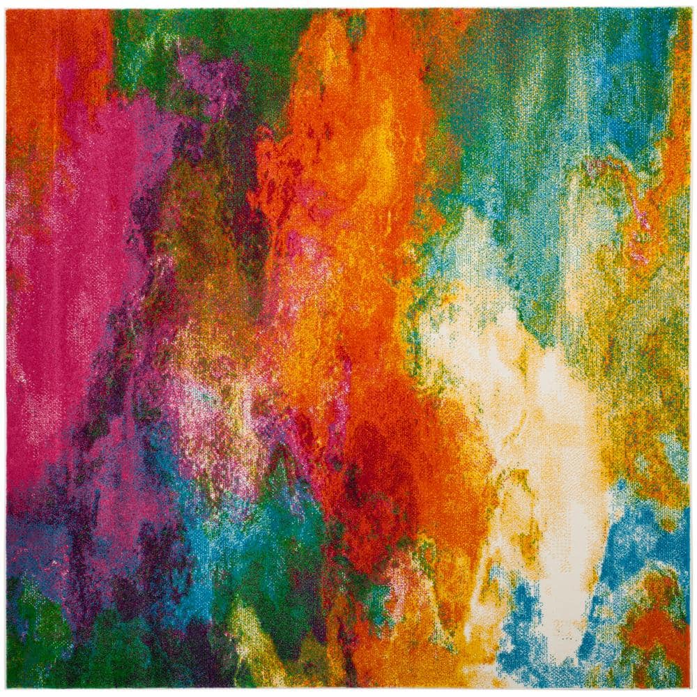 SAFAVIEH Watercolor Orange/Green 7 ft. x 7 ft. Square Abstract Area Rug ...