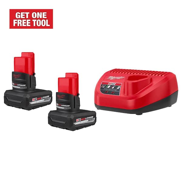 Milwaukee M12 12V Lithium-Ion XC High Output 5.0 Ah Battery Pack (2-Pack) Starter Kit with ...