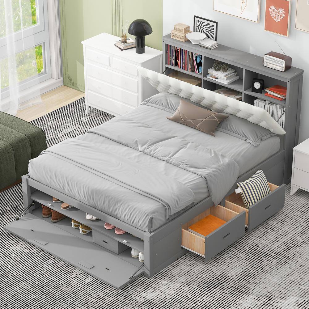 Harper & Bright Designs Button-Tufted Gray Wood Frame Queen Linen ...