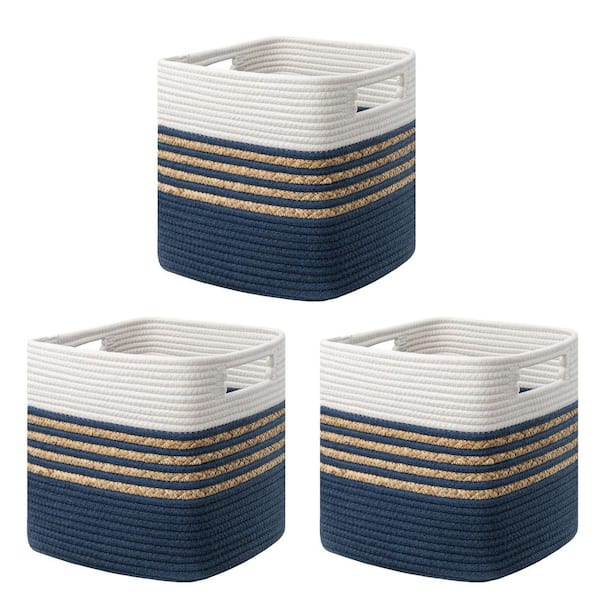Blue 13 in. x 13 in. Cotton Decorative Basket (Set of 3) with Handles ...