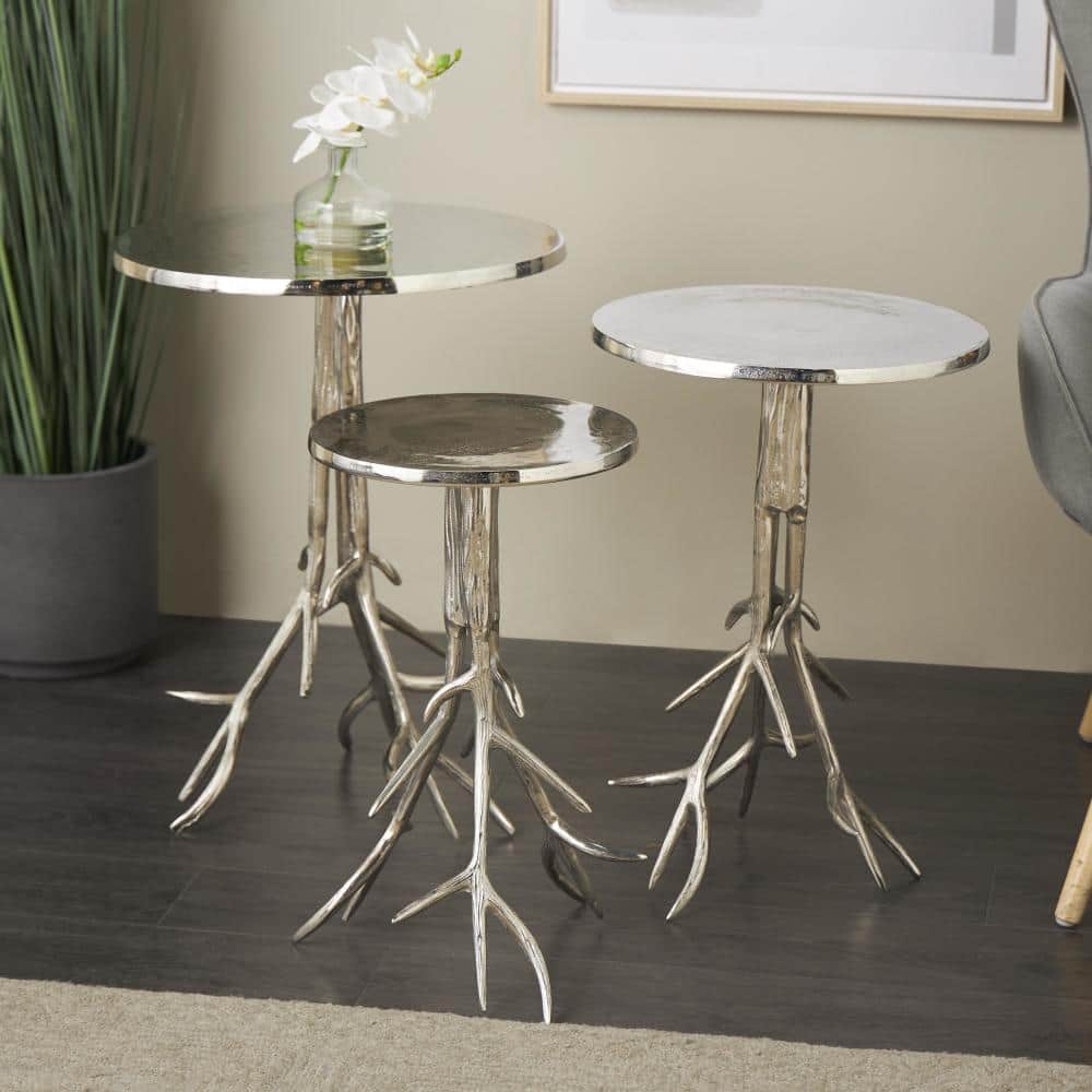 Litton Lane 18 in. Silver Round Aluminum End Table with Textured Tree ...
